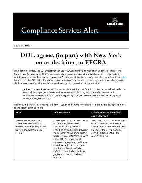 DOL agrees (in part) with New York court decision on FFCRA | Lockton